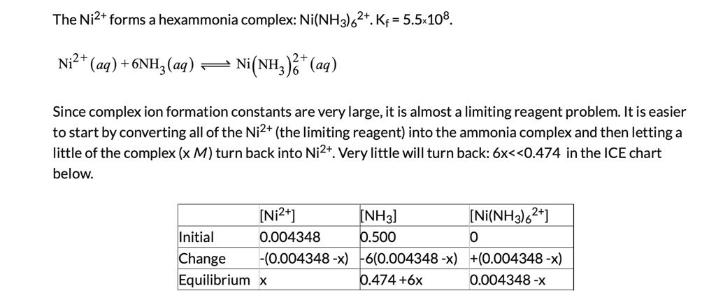 SOLVED: The Ni2+ forms a hexammonia complex: Ni(NH3)62+. Kf = 5.5*10^8 ...