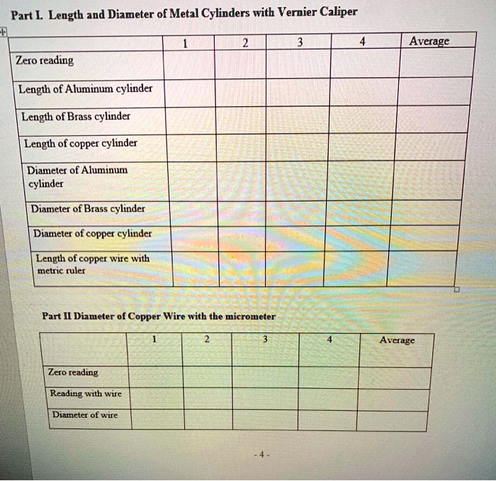 Part I. Length and Diameter of Metal Cylinders with Vernier Caliper ...