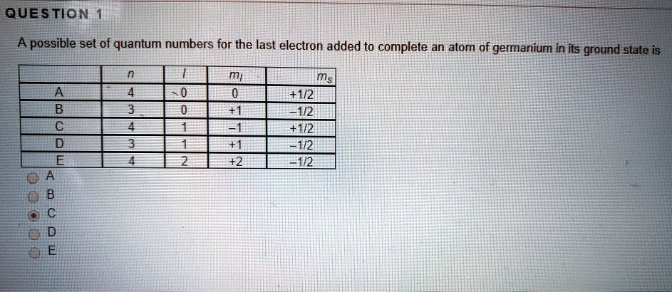 SOLVED: QUESTION A possible set of quantum numbers for the last ...