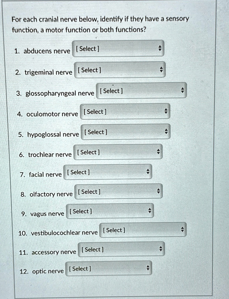 for each cranial nerve below identify if they have a sensory function a motor function or both ...