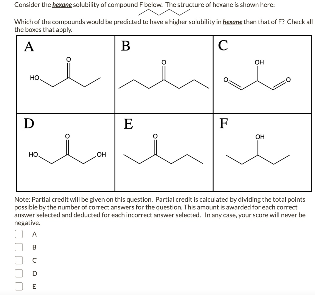 consider the hexane solubility of compound f below the structure of ...