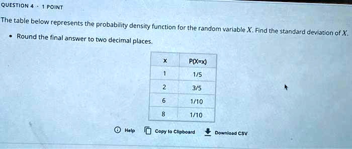 SOLVED: QUESTION 4: The table below represents the probability density ...