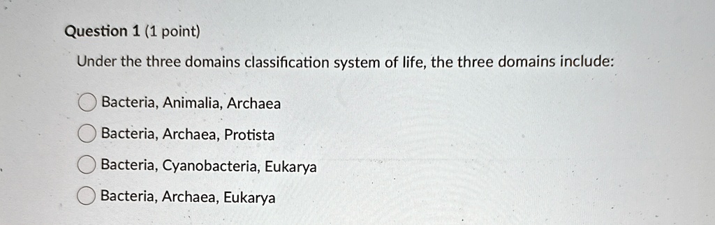 Question 1 (1 point) Under the three domains classification system of ...