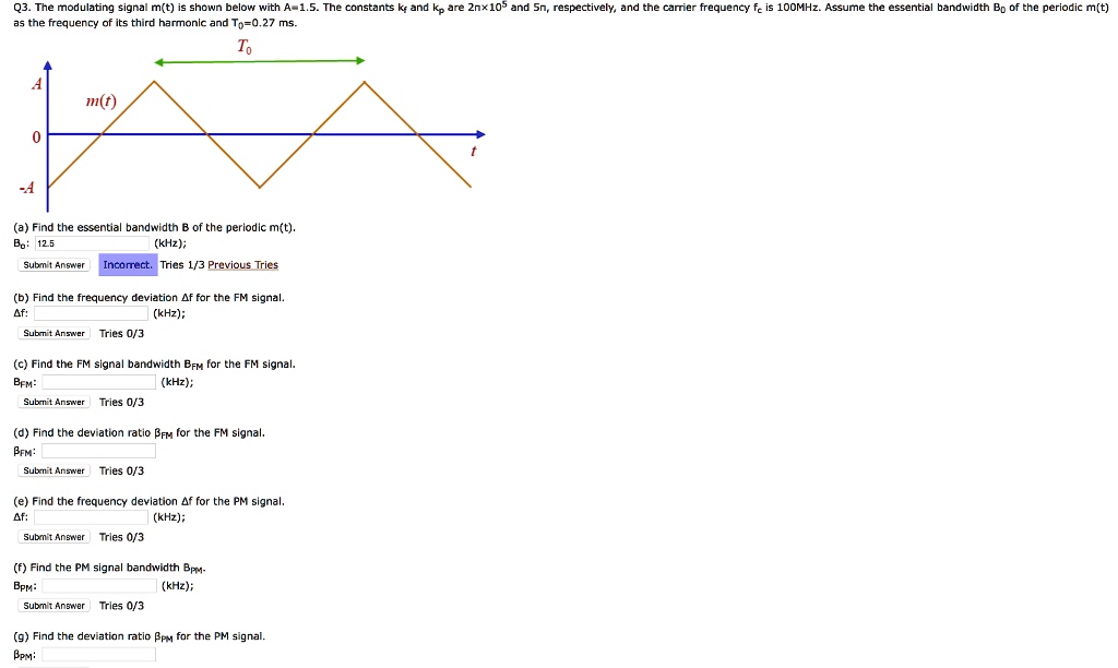 SOLVED: Q3. The modulating signal m(t) is shown below with A=1.5. The ...