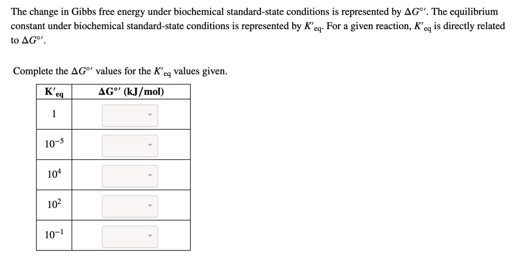 SOLVED: The change in Gibbs free energy under biochemical standard ...