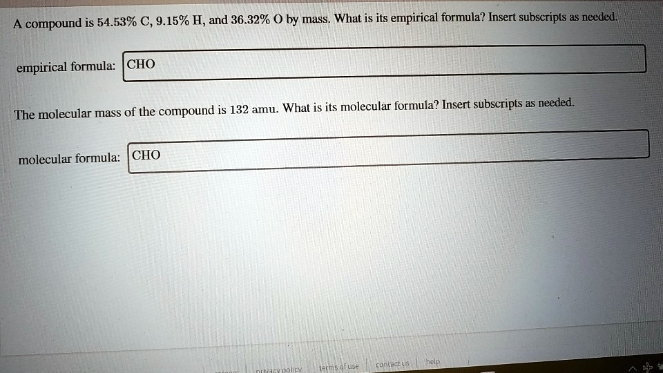 SOLVED: compound is 54.53% C, 9.15% H, and 36.32% 0 by mass What is its ...
