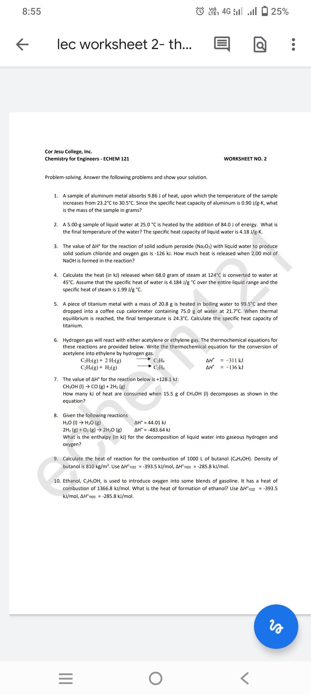 SOLVED: 8:55 lec worksheet 2- th... Cor Jesu College, Inc. Chemistry for Engineers - ECHEM 121 ...