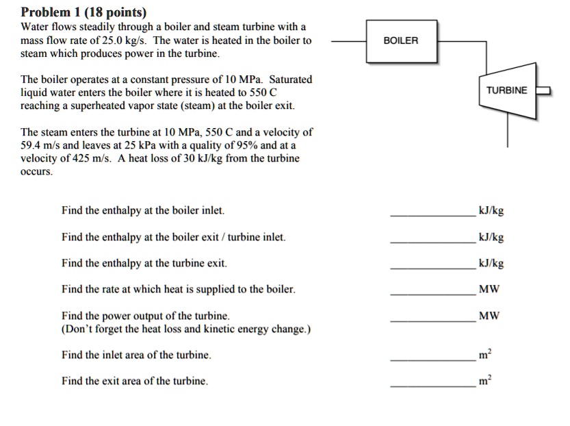 Problem 1 (18 points) Water flows steadily through a boiler and steam turbine with a mass flow ...