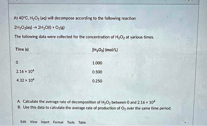SOLVED: A. calculate the average rate of decomposition of H2 O2 between ...