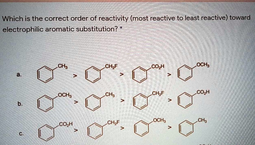 which is the correct order of reactivity most reactive to least reactive toward electrophilic ...