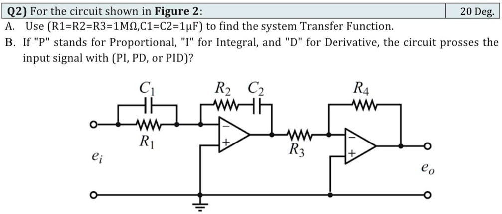 Q2) For the circuit shown in Figure 2: A. Use (R1=R2=R3=1MΩ,C1=C2=1μF ...