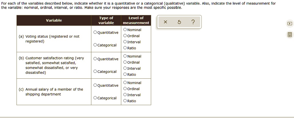 For each of the variables described below, indicate whether it is a ...