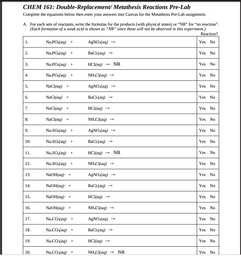 SOLVED: CHEM 161: Double-Replacement/ Metathesis Reactions Pre-Lab ...