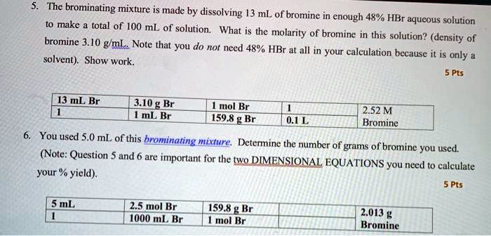 SOLVED: The brominating mixture is made by dissolving 13 mL of bromine ...