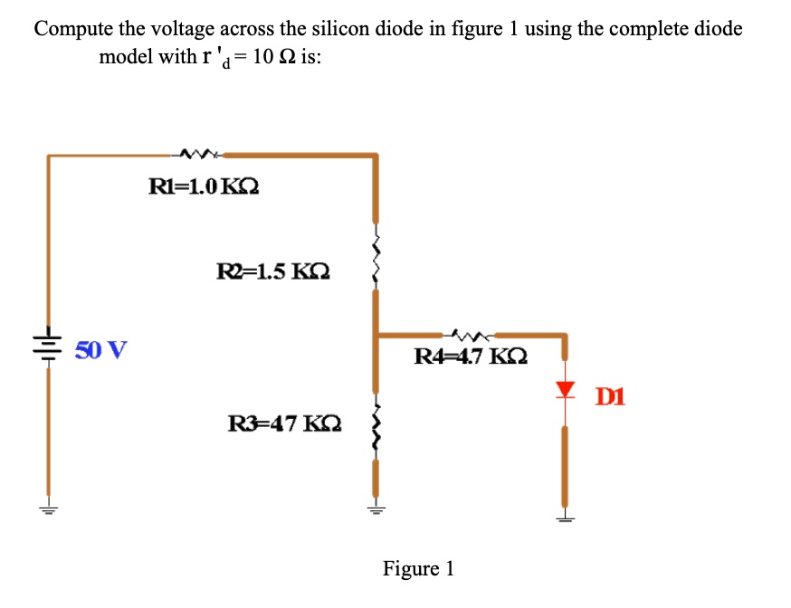 Compute the voltage across the silicon diode in figure 1 using the complete diode model with r'd ...
