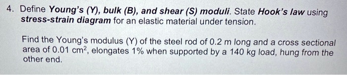 SOLVED: Define Young's (Y), bulk (B), and shear (S) moduli. State Hook ...