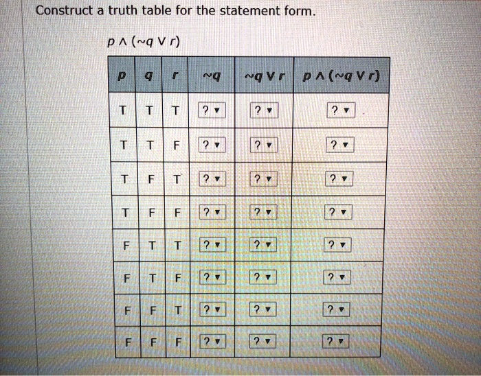 SOLVED: Construct a truth table for the statement form p ^ ( q V r) q v r ^ p ^ ( q v r)