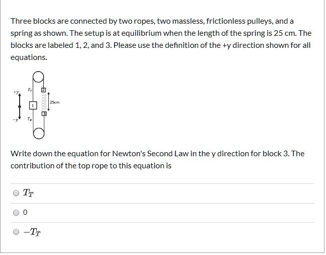 SOLVED:Three blocks are connected by two ropes, two massless; frictionless pulleys, and spring ...