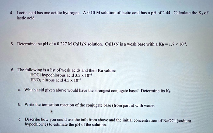 SOLVED: Lactic acid has one acidic hydrogen. 0.10 M solution of lactic ...