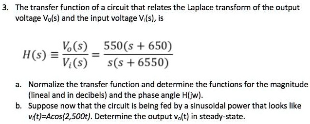 SOLVED: The transfer function of a circuit that relates the Laplace ...