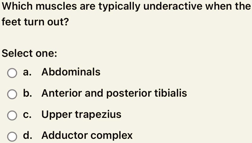 Which muscles are typically underactive when the feet turn out? Select ...