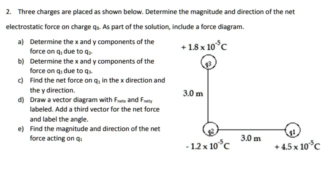 2. Three charges are placed as shown below. Determine the magnitude and ...