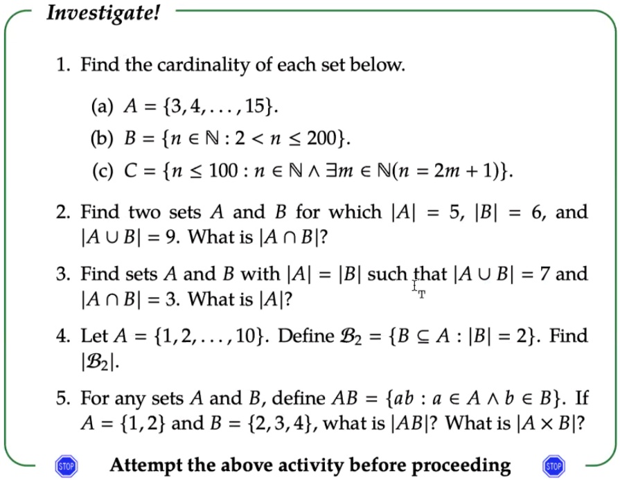 Solved Investigate 1 Find The Cardinality Of Each Set Below A A