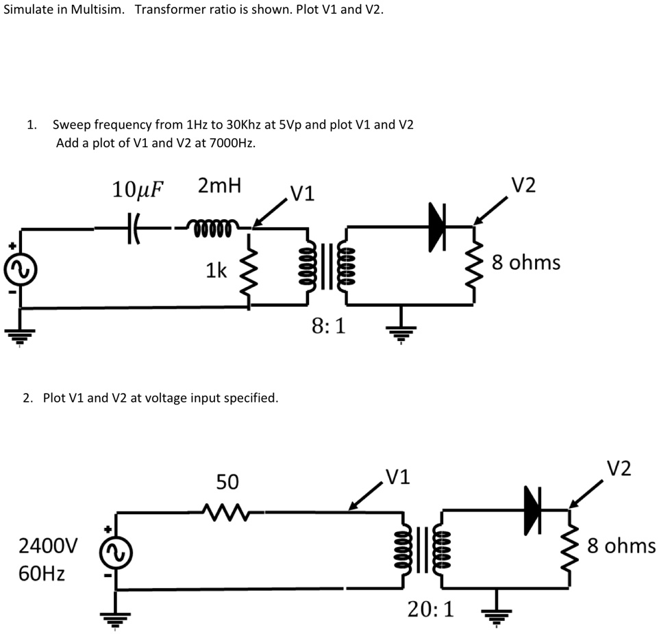 Simulate in Multisim. Transformer ratio is shown. Plot V1 and V2. 1. Sweep frequency from 1Hz to ...