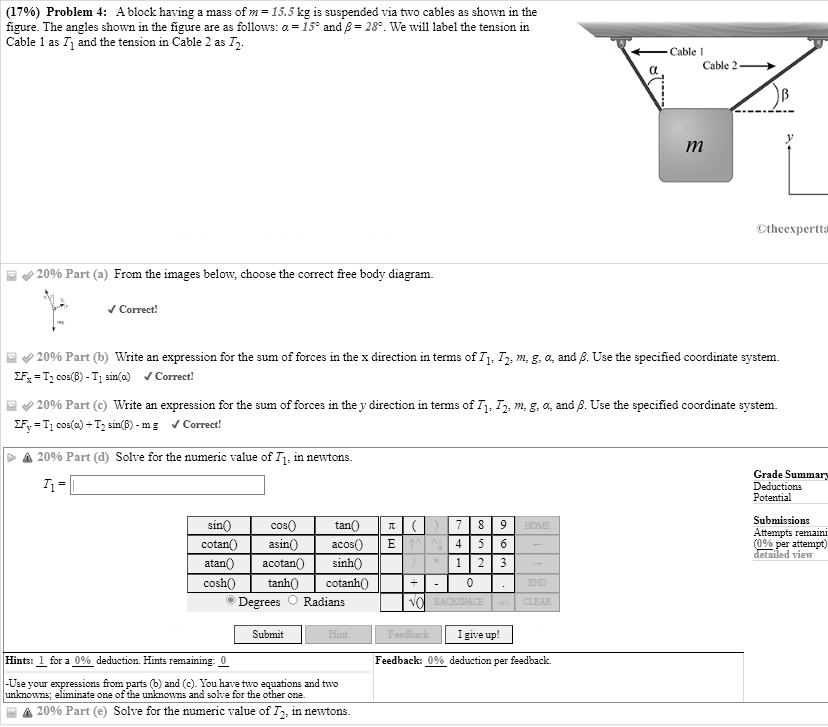 texts solve for t1 and t2 17 problem 4 a block having a mass of m 155 ...