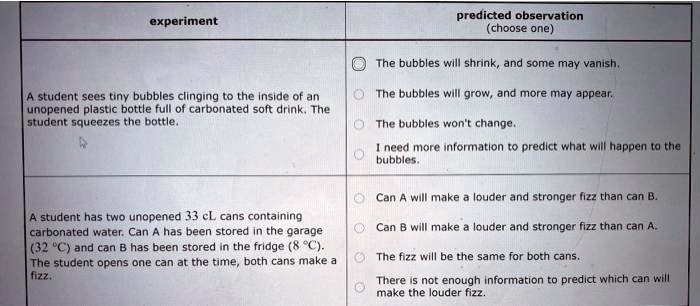 exporiment predicted observation choose one the bubbles wiii shrink and ...