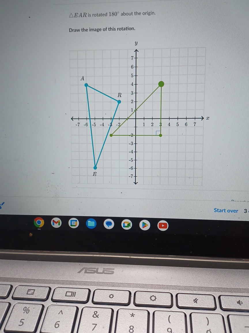SOLVED: E A R is rotated 180^∘ about the origin. Draw the image of this rotation.