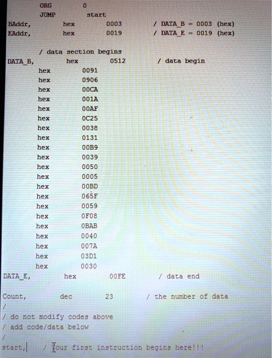 ORG JUMP BAddr, EAddr, hex hex 0 start 0003 0019 / DATAB = 0003 (hex ...