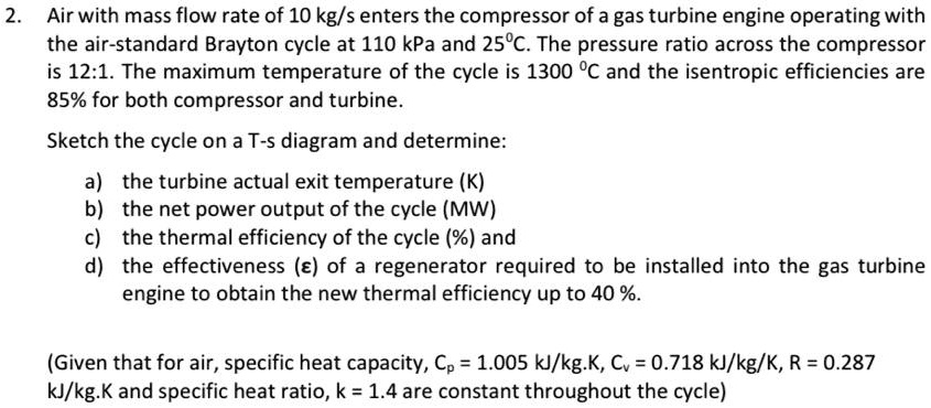 SOLVED: Air with a mass flow rate of 10 kg/s enters the compressor of a ...