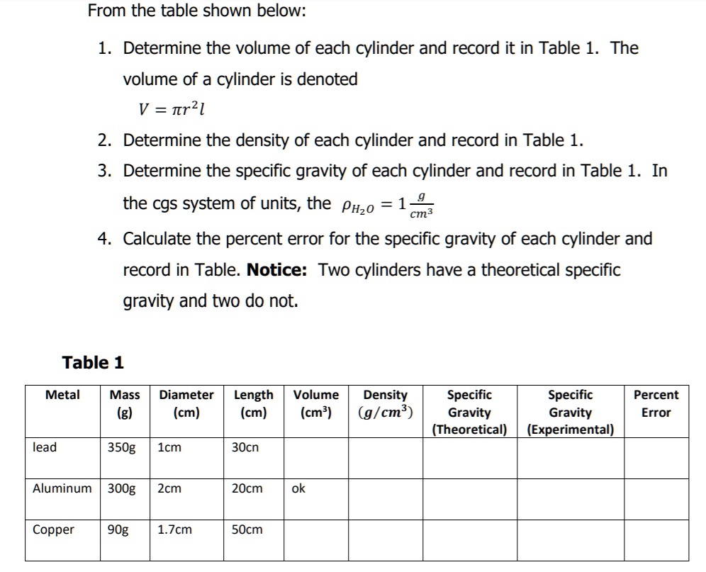 SOLVED: From the table shown below: 1. Determine the volume of each ...
