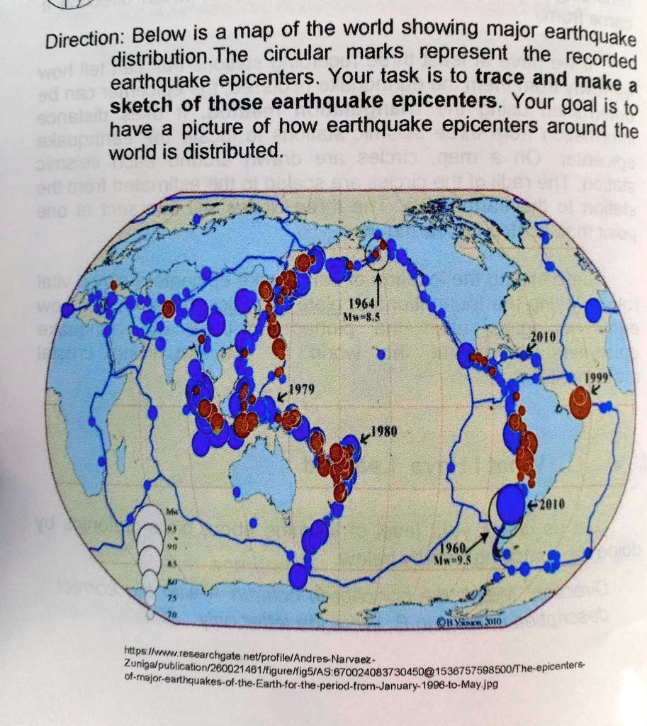 Direction: Below is a map of the world showing major earthquake ...