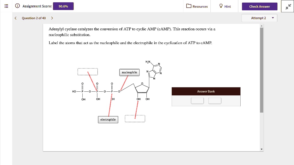 Assignment Score: 90.6% Resources Hint Check Answer Attempt 2 Adenylyl cyclase catalyzes the ...
