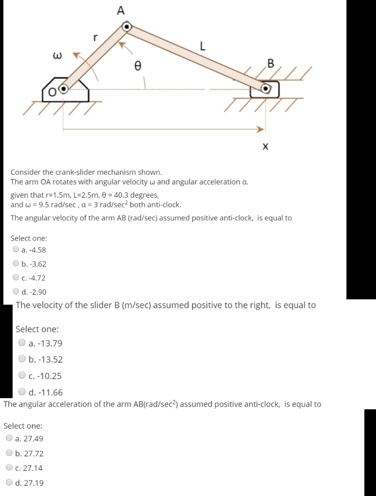 SOLVED: Consider the crank-slider mechanism shown. The arm OA rotates ...