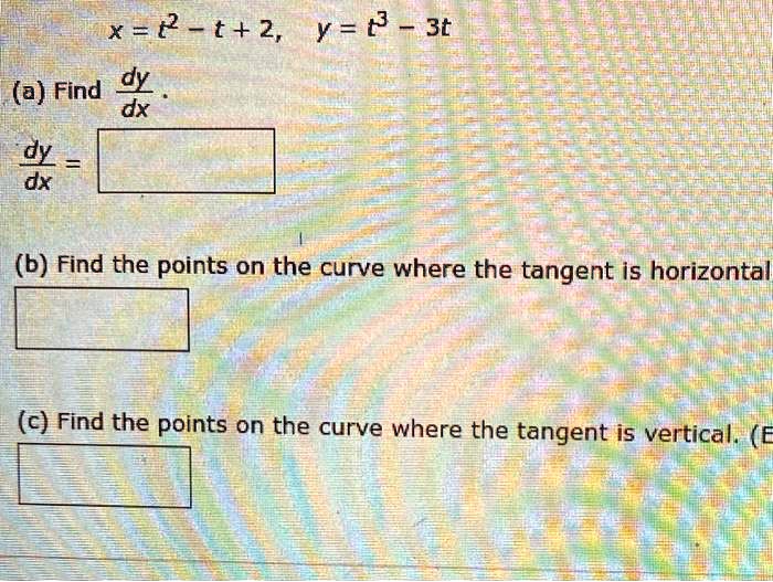 SOLVED:X=t_t+2 Y = 3t (a) Find dx dx dx dx (b) Find the points on the curve where the tangent is ...