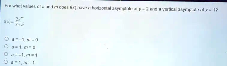 For what values of a and m does f(x) have a horizontal asymptote at y = 2 and a vertical ...