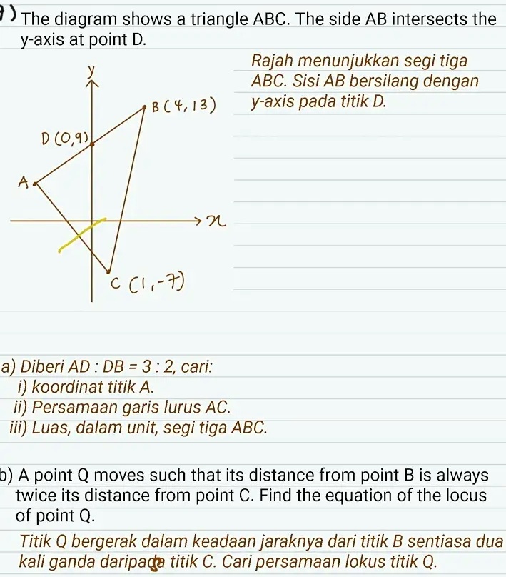 SOLVED: The diagram shows a triangle ABC. The side AB intersects the y ...