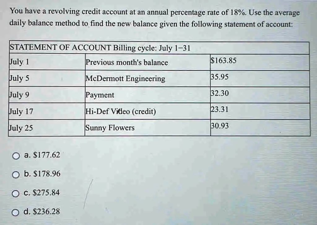 You have a revolving credit account at an annual percentage rate of 18% ...