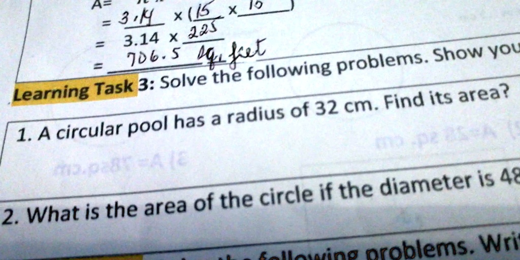 SOLVED: A = 3 * (S * 19 * 3.14 * 225 * T66.@ket problems. Show you 3: Solve the following ...