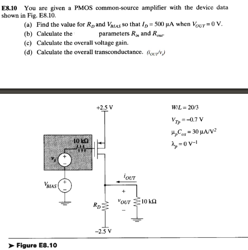 SOLVED: E8.10 You are given a PMOS common-source amplifier with the device data shown in Fig. E8 ...