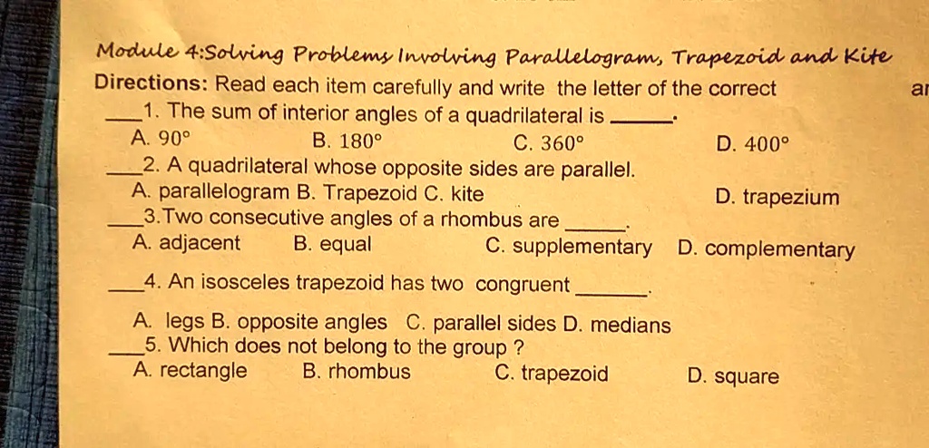 Module 4:Solving Problems Involving Parallelogram, Trapezoid and Kite ...