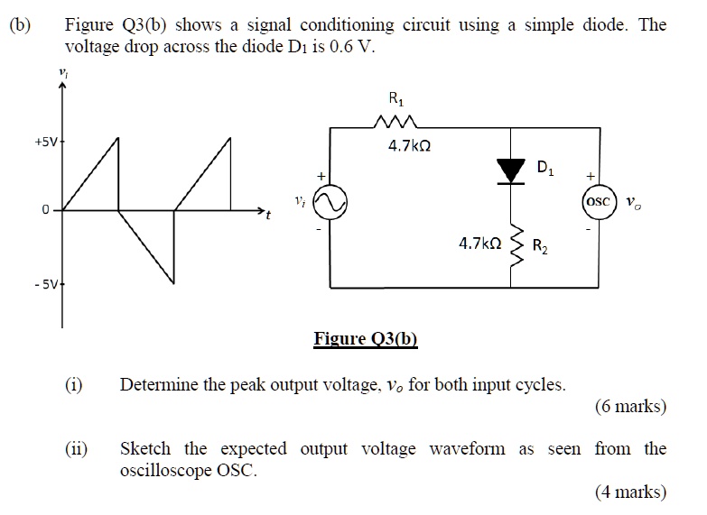 (b) Figure Q3(b) shows a signal conditioning circuit using a simple diode. The voltage drop ...