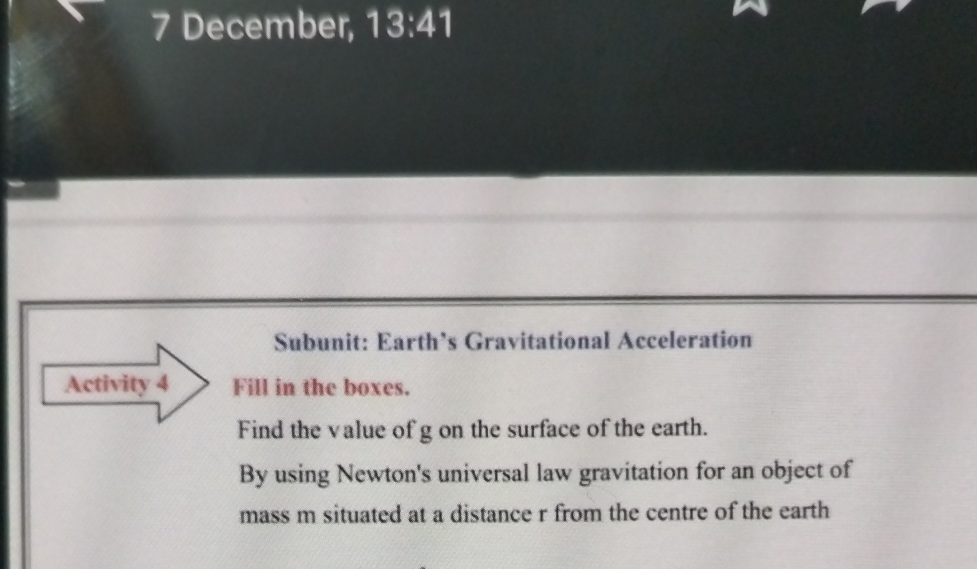 7 December, 13:41 Subunit: Earth's Gravitational Acceleration Fill in ...