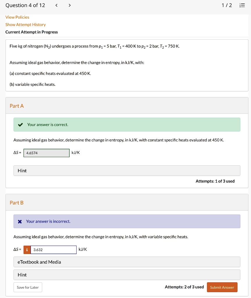 SOLVED: Question 4 of 12 Five kg of nitrogen (N) undergoes a process ...