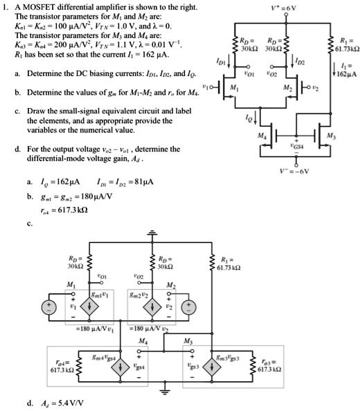 A MOSFET differential amplifier is shown to the right. The transistor parameters for M1 and M2 ...