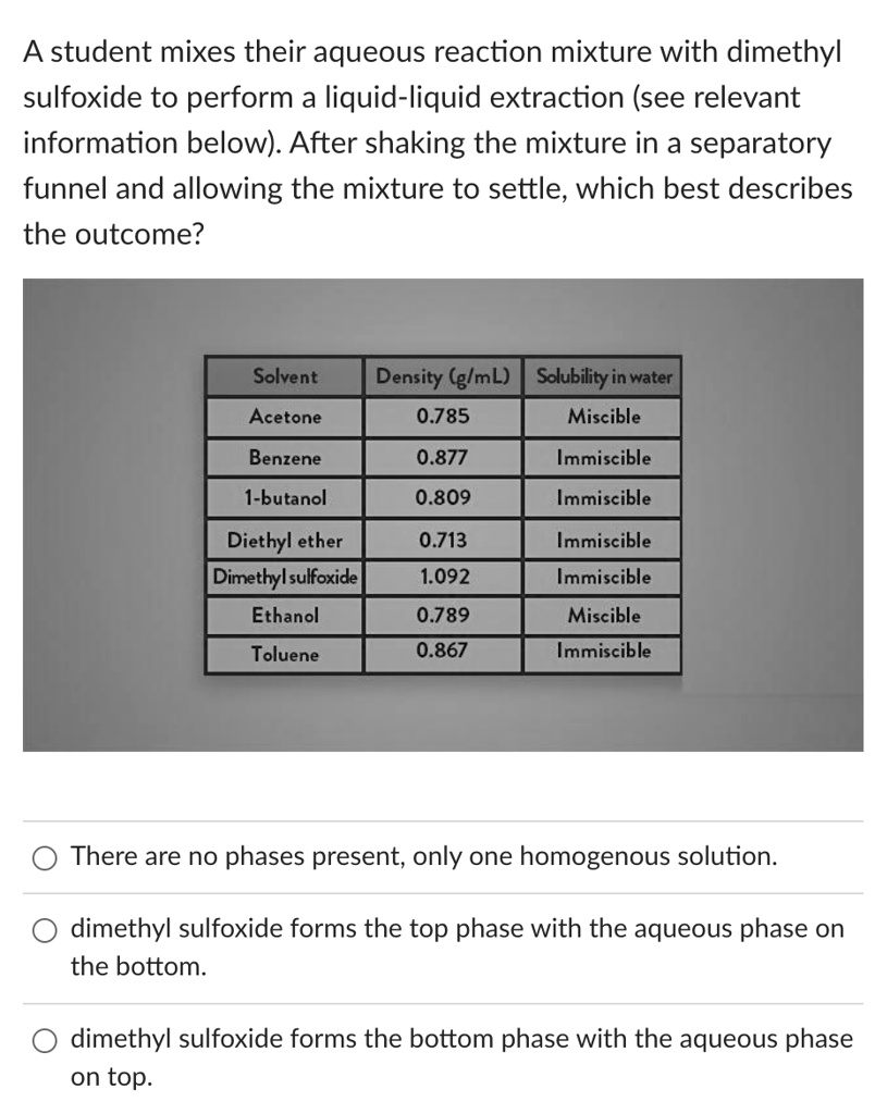SOLVED: A student mixes their aqueous reaction mixture with dimethyl sulfoxide to perform a ...