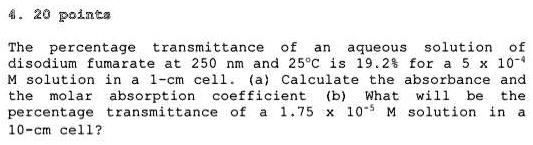 SOLVED: 20 pointa The percentage transmittance aqueous solution ...